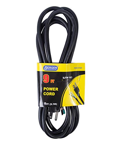 Bergen Industries Inc PS913163 3-Wire Appliance and Power Tool Cord, 9 ft, 16 AWG, 13A/125V AC, 1625w , Black