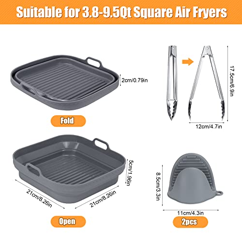 SelfTek 2Set Air Fryer Silicone Liners Pot Square, Reusable Air Fryer Basket Fit for 8QT 6QT, Foldable Baking Tray with Oven Mitts & Serving Tongs (3.8-9.5Qt)