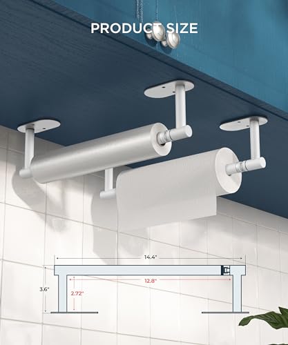 FORIOUS Paper Towel Holder Wall Mount, SUS 304 Stainless Steel Self Adhesive Pivoting Kitchen Commercial Paper Towel Holder Dispenser Under Cabinet no Drilling, White