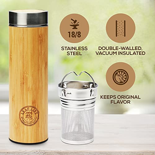 LeafLife Sustainable Bamboo Tumbler with Tea Infuser & Strainer 12oz - Keeps Liquid Hot & Cold for 12 Hrs - Vacuum Insulated Stainless Steel Travel Mug - Infuser Bottle for Loose Leaf Tea & Coffee