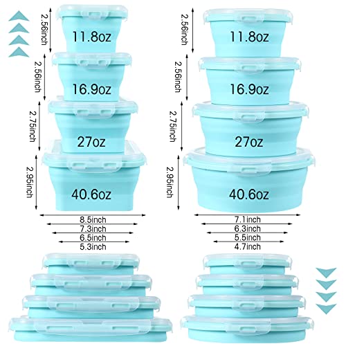 Karenhi 8 Pack Collapsible Silicone Food Storage Containers with Airtight Lids Stackable Collapsible Bowls with Lids Microwave and Dishwasher Safe(Blue)