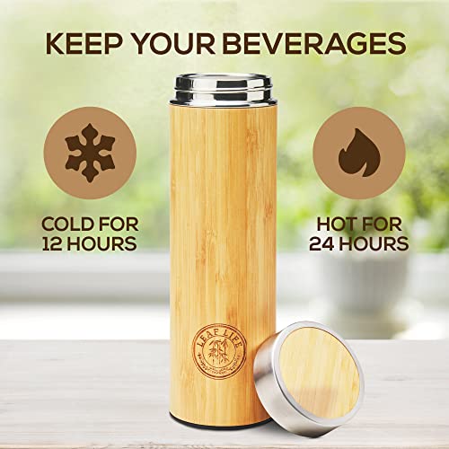 LeafLife Sustainable Bamboo Tumbler with Tea Infuser & Strainer 12oz - Keeps Liquid Hot & Cold for 12 Hrs - Vacuum Insulated Stainless Steel Travel Mug - Infuser Bottle for Loose Leaf Tea & Coffee