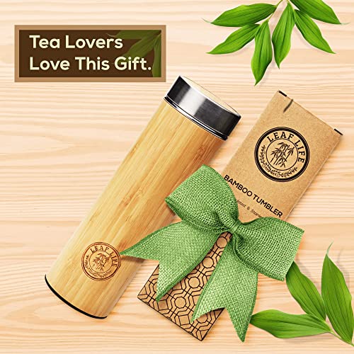 LeafLife Sustainable Bamboo Tumbler with Tea Infuser & Strainer 12oz - Keeps Liquid Hot & Cold for 12 Hrs - Vacuum Insulated Stainless Steel Travel Mug - Infuser Bottle for Loose Leaf Tea & Coffee