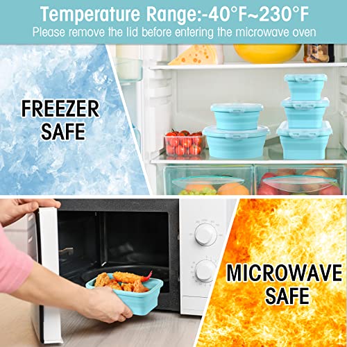 Karenhi 8 Pack Collapsible Silicone Food Storage Containers with Airtight Lids Stackable Collapsible Bowls with Lids Microwave and Dishwasher Safe(Blue)
