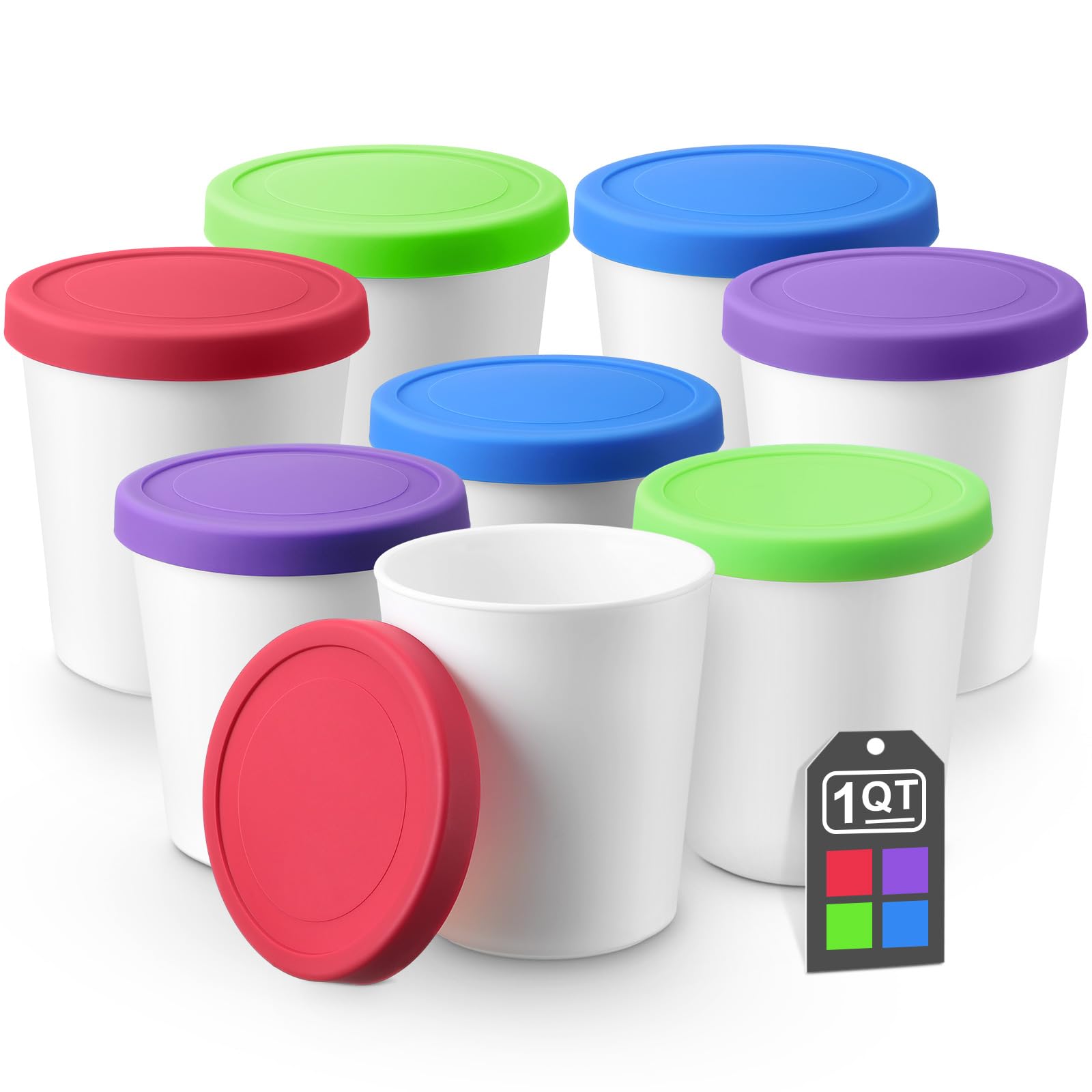 Uiifan 8 Pcs 1 Qt Ice Cream Containers for Homemade Ice Cream Reusable Ice Cream Storage Containers with Silicone Lids for Freezer, Freezer Containers Tubs for Ice Cream Sorbet and Gelato Storage