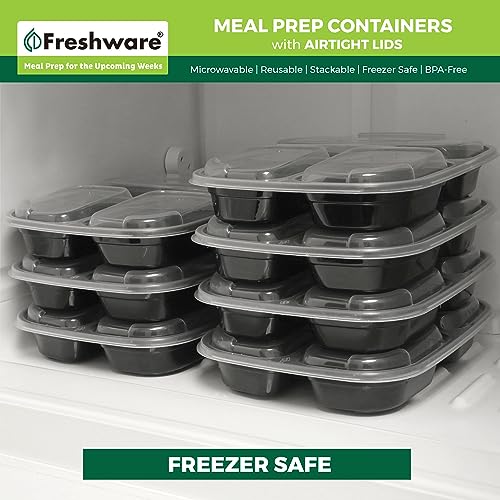 Freshware Meal Prep Containers [150 Pack] 3 Compartment with Lids, Food Storage Containers, Bento Box, BPA Free, Stackable, Microwave/Dishwasher/Freezer Safe (24 oz)
