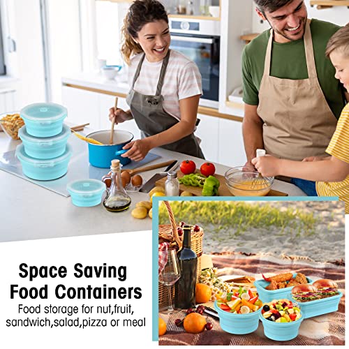 Karenhi 8 Pack Collapsible Silicone Food Storage Containers with Airtight Lids Stackable Collapsible Bowls with Lids Microwave and Dishwasher Safe(Blue)