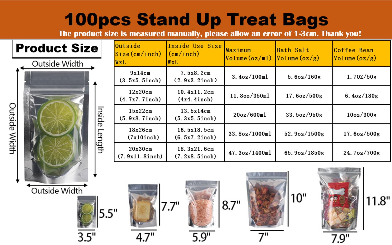 Tecbeauty 100Pcs Stand Up Pouches, Resealable Bags with Window, Plastic Ziplock Coffee Bag, Food Storage Snack Treat Bag, 7.9 x 11.8 inch