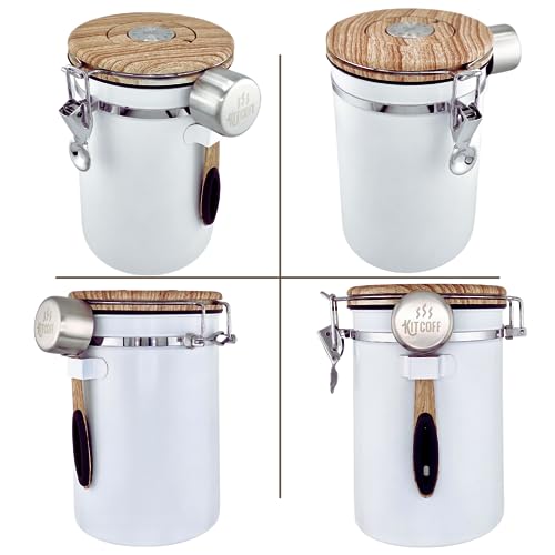 Kitcoff Coffee Grounds and Beans Container Canister with Date Tracker, CO2-Release Valve and Measuring Scoop - Made of Stainless Steel with Airtight Lids - Large, 22oz, White w/Wood Print Lid