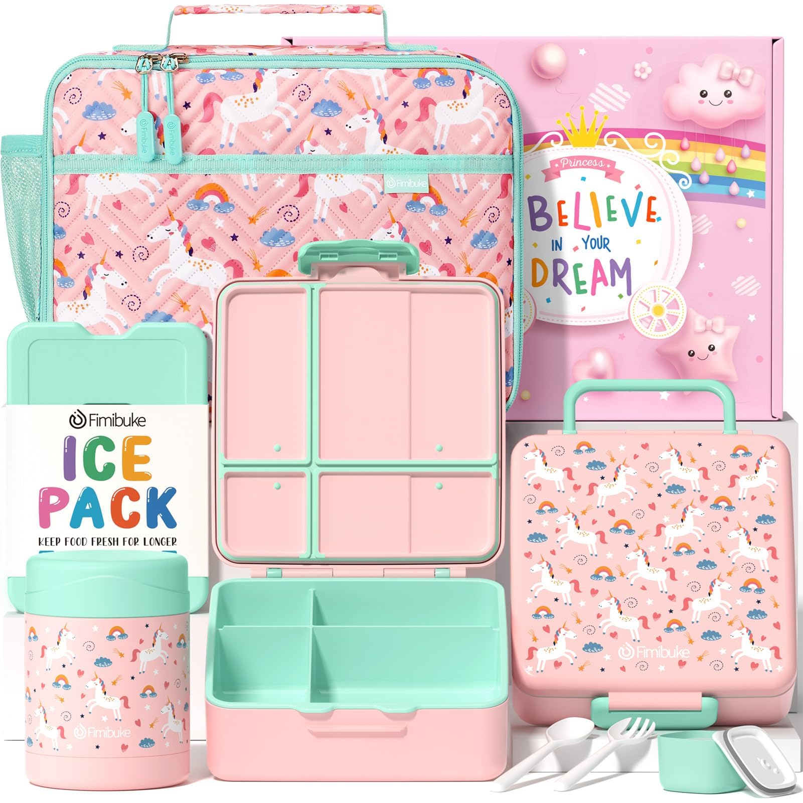 Fimibuke Kids Bento Snack Lunch Box with 4 Compartments, Insulated lunch Bag, Stainless Steel Thermos Food Jar, Ice Pack & Utensils, Unicorn Birthday Gift for Age 3-12 Back to School Toddler Girl Boy
