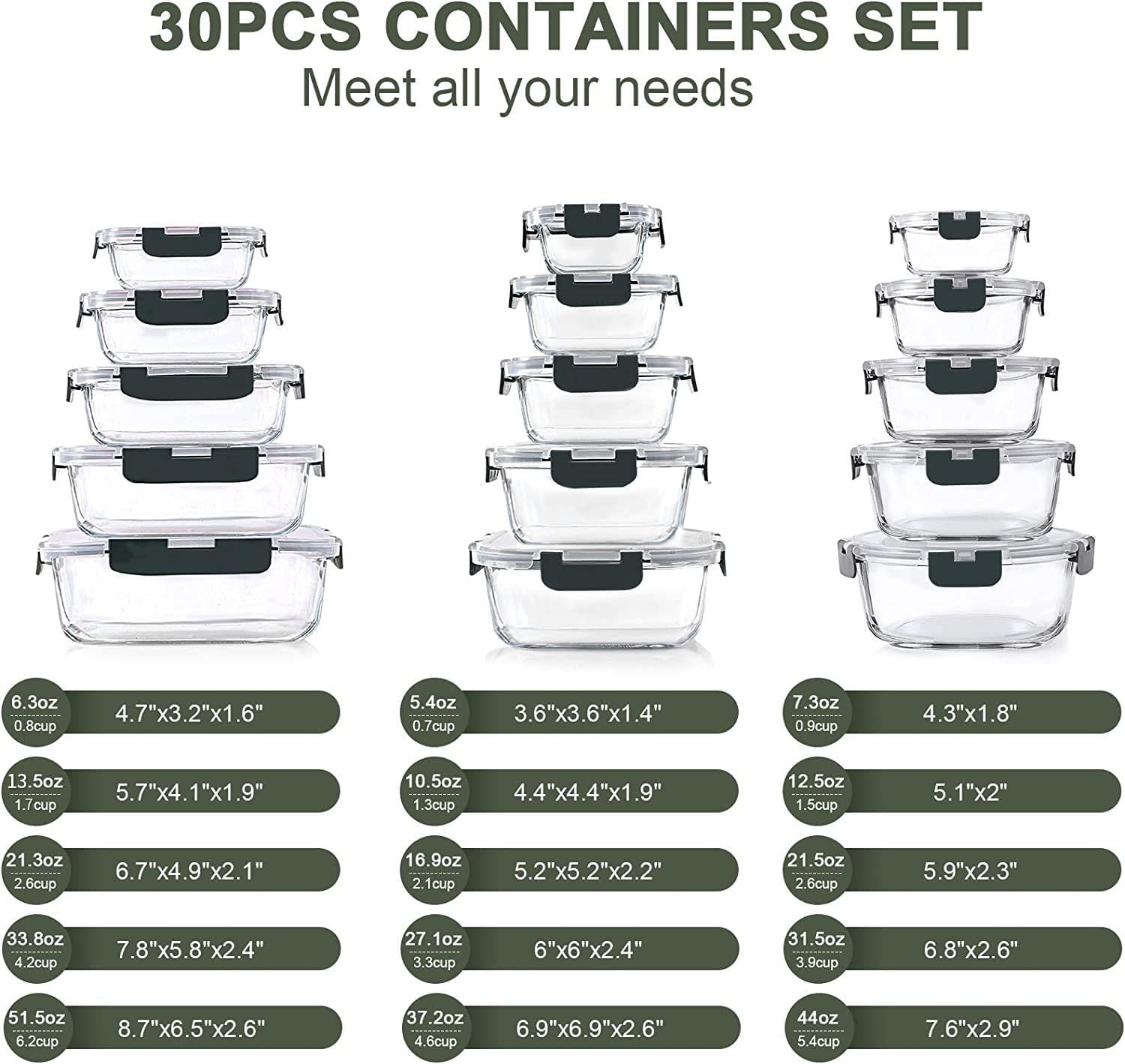 KOMUEE 30 Pieces Glass Food Storage Containers Set and 10 Packs 30 oz Glass Meal Prep Containers 2 Comparment, Airtight and BPA-Free