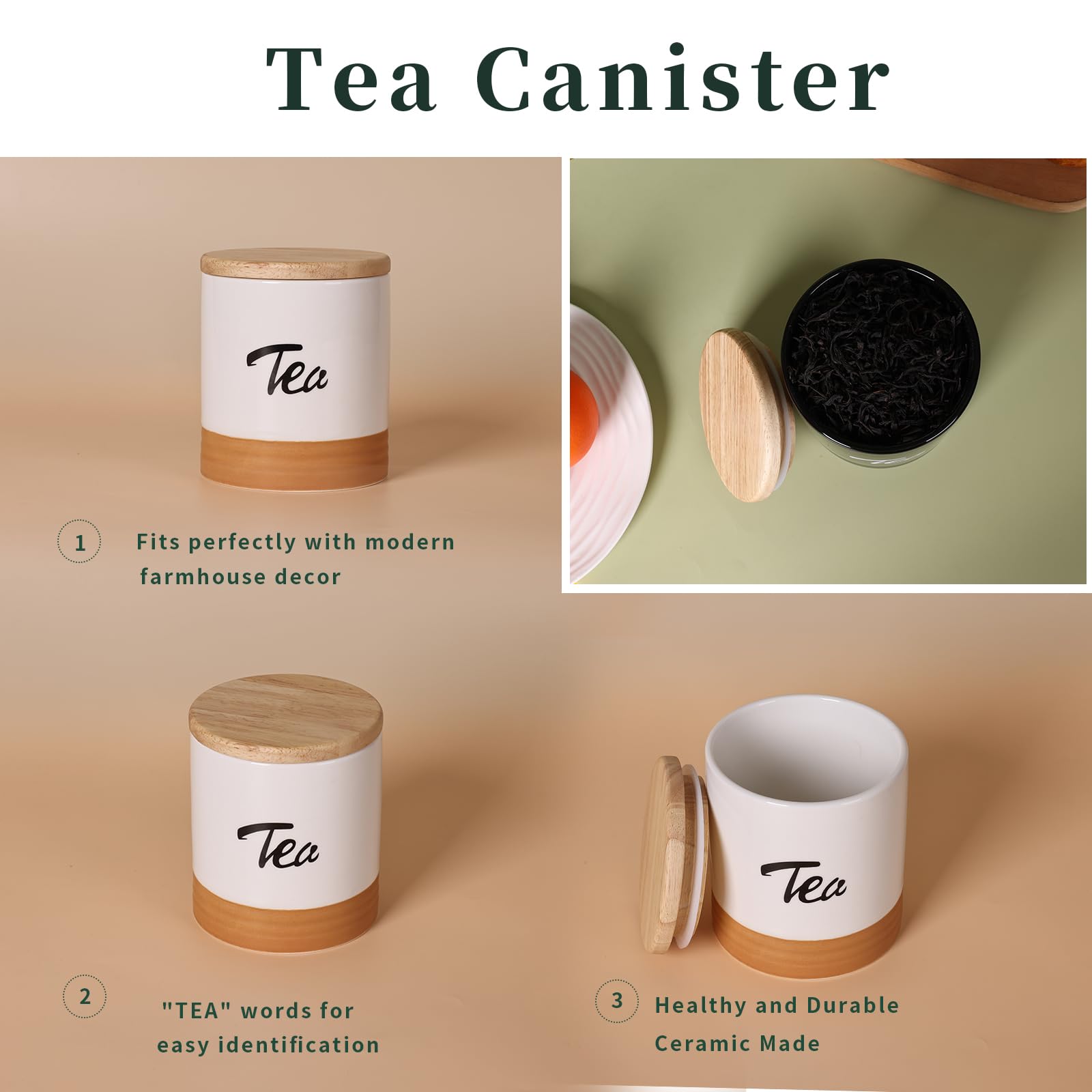 LEETOYI Ceramic Food Storage Containers with Lid,Modern Farmhouse Kitchen Decor, Countertop Food Storage Caddy Organizer, 4.5Inch 31oz (Labeled Tea)