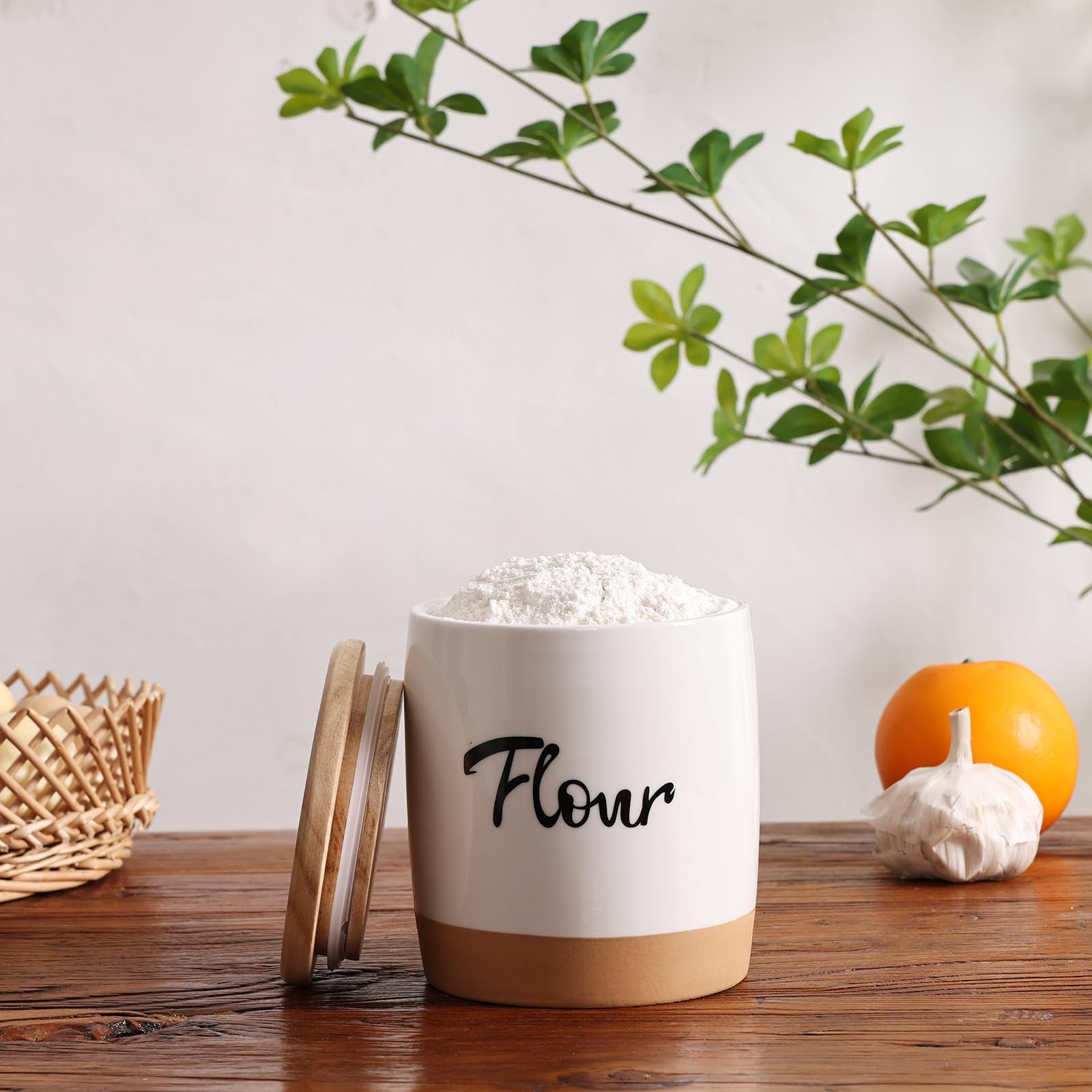 LEETOYI Ceramic Food Storage Containers with Lid,Modern Farmhouse Kitchen Decor, Countertop Food Storage Caddy Organizer, 33oz (Labeled Flour)