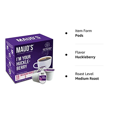 Maud's Huckleberry Coffee (I'm Your Huckleberry), 18ct. Solar Energy Produced Recyclable Single Serve Huckleberry Holiday Flavored Coffee Pods – 100% Arabica Coffee California Roasted, KCup Compatible