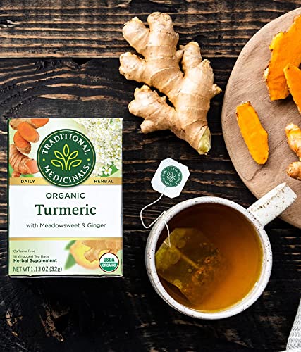 Traditional Medicinals Organic Turmeric with Meadowsweet & Ginger Herbal Tea, Supports Healthy Response to Inflammation, (Pack of 4) - 64 Tea Bags Total