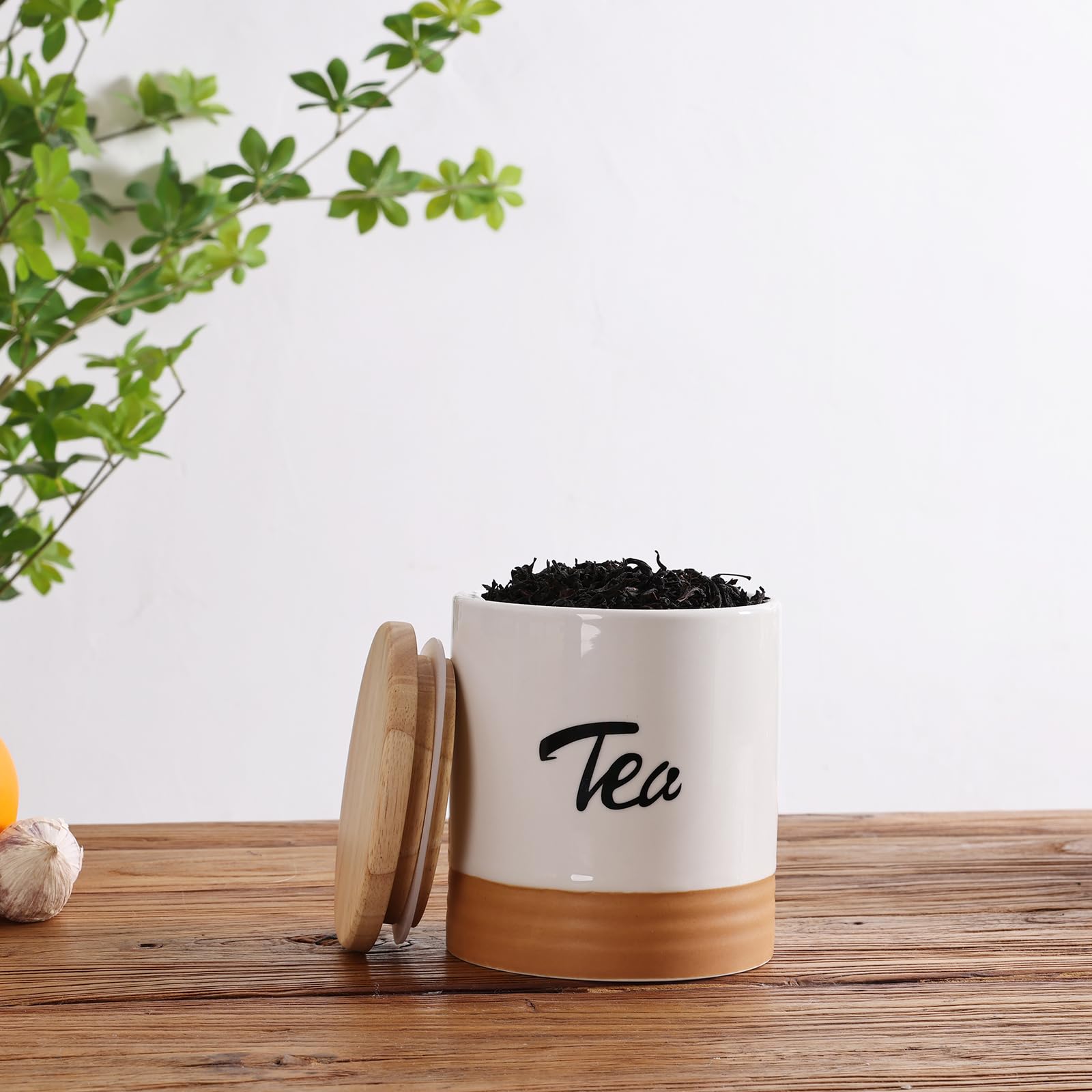 LEETOYI Ceramic Food Storage Containers with Lid,Modern Farmhouse Kitchen Decor, Countertop Food Storage Caddy Organizer, 4.5Inch 31oz (Labeled Tea)
