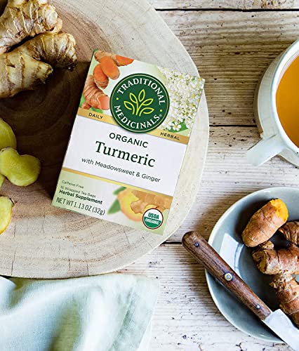 Traditional Medicinals Organic Turmeric with Meadowsweet & Ginger Herbal Tea, Supports Healthy Response to Inflammation, (Pack of 4) - 64 Tea Bags Total