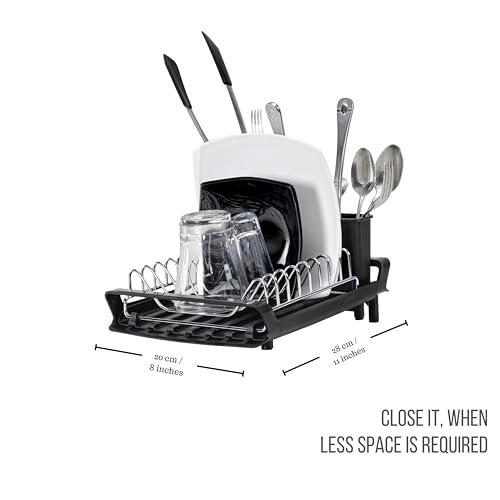 Erreke Small Dish Drying Rack, Compact Dish Drying Rack, Small Dish Rack, Drains into Sink, Non-Slip Feet, Expandable Adjustable Size 11x8 inches (Black)