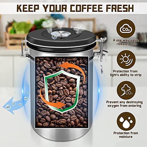 Samyoung Coffee Canister Airtight, Stainless Steel Container for 635g/22.8oz Coffee Beans,Large 1800 ml Tea & Coffee Storage Jars with co2 Valve, 30ml Measure Spoon and 70 ml Mini Travel Jar