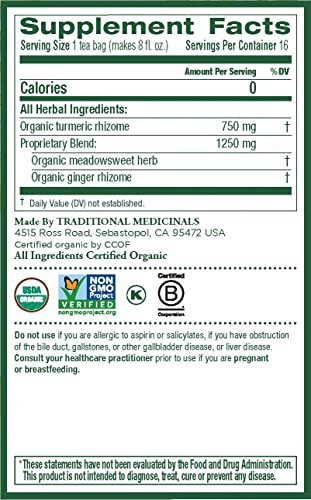 Traditional Medicinals Organic Turmeric with Meadowsweet & Ginger Herbal Tea, Supports Healthy Response to Inflammation, (Pack of 4) - 64 Tea Bags Total
