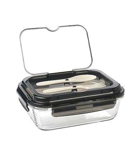 Delight King Lunch-to-Go Glass Baking and Storage Container with Fork and Spoon Compartment Lid, Black