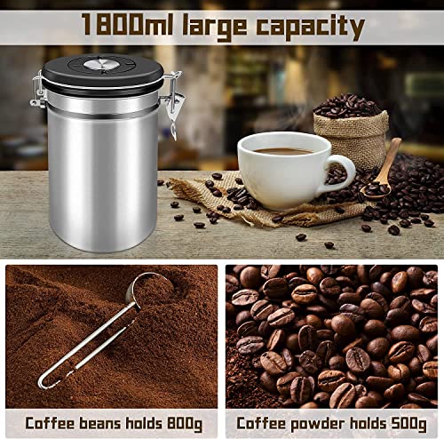 Samyoung Coffee Canister Airtight, Stainless Steel Container for 635g/22.8oz Coffee Beans,Large 1800 ml Tea & Coffee Storage Jars with co2 Valve, 30ml Measure Spoon and 70 ml Mini Travel Jar