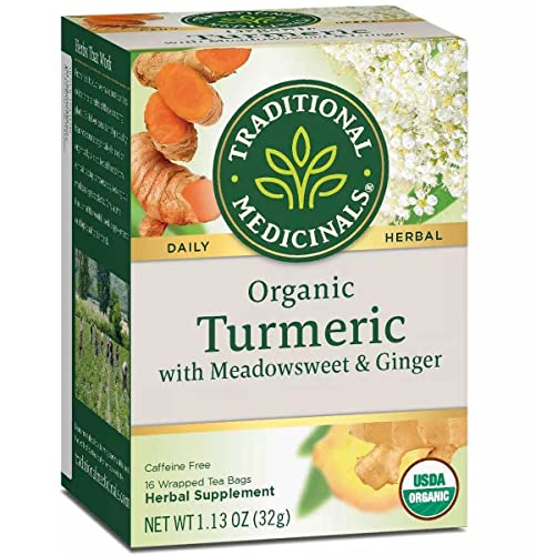 Traditional Medicinals Organic Turmeric with Meadowsweet & Ginger Herbal Tea, Supports Healthy Response to Inflammation, (Pack of 4) - 64 Tea Bags Total