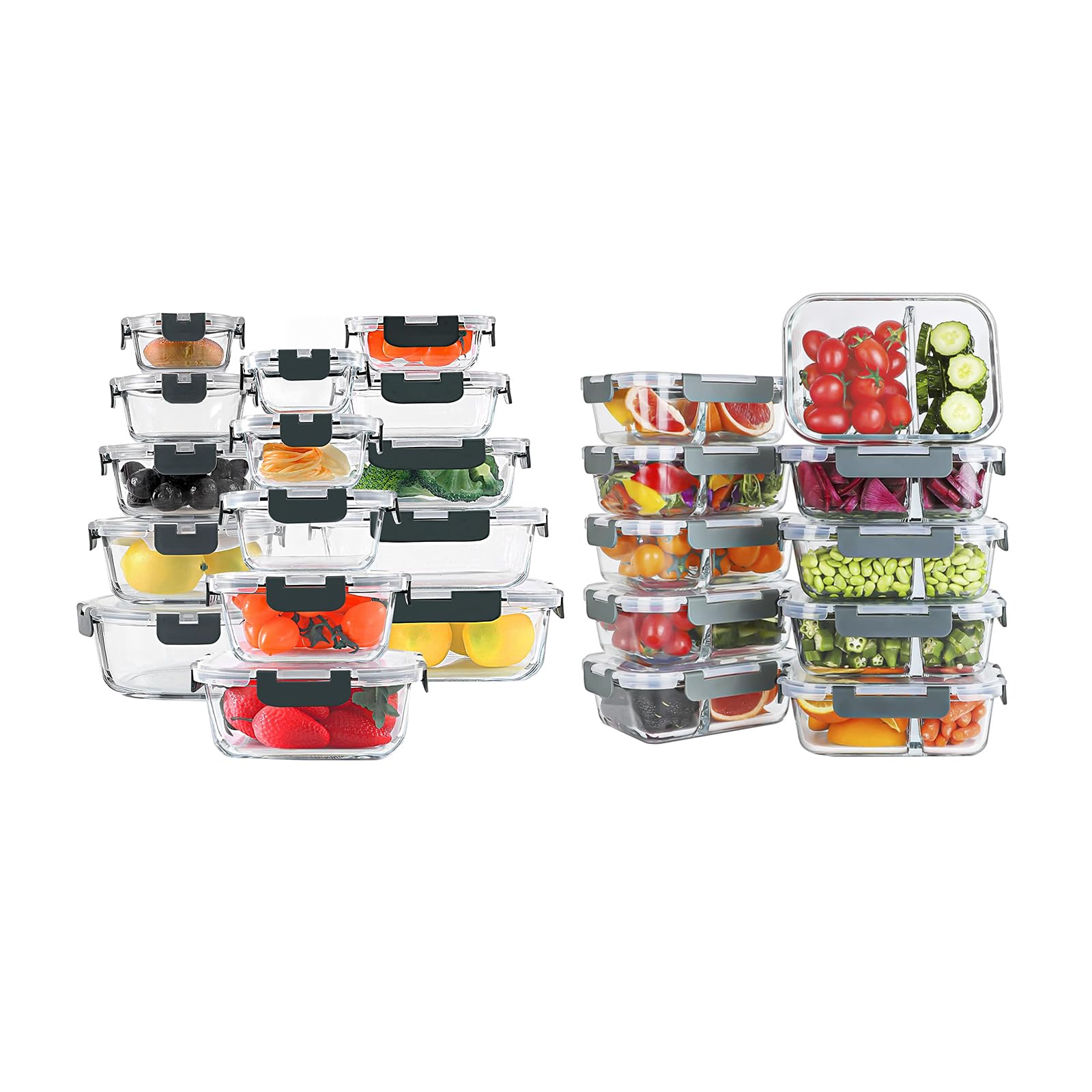 KOMUEE 30 Pieces Glass Food Storage Containers Set and 10 Packs 30 oz Glass Meal Prep Containers 2 Comparment, Airtight and BPA-Free