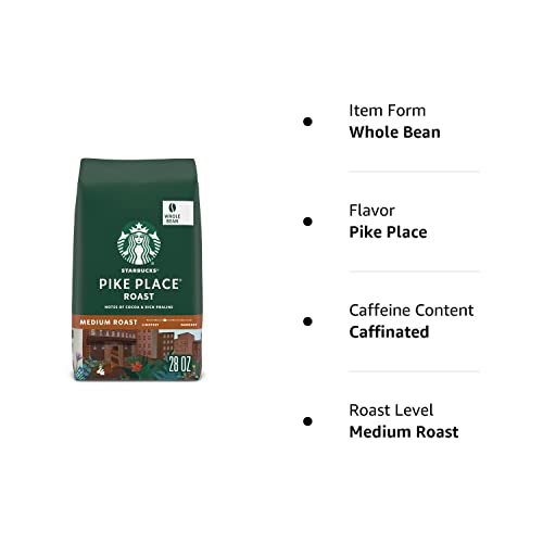 Starbucks Medium Roast Whole Bean Coffee โ Pike Place โ 100% Arabica โ 1 bag (28 oz)