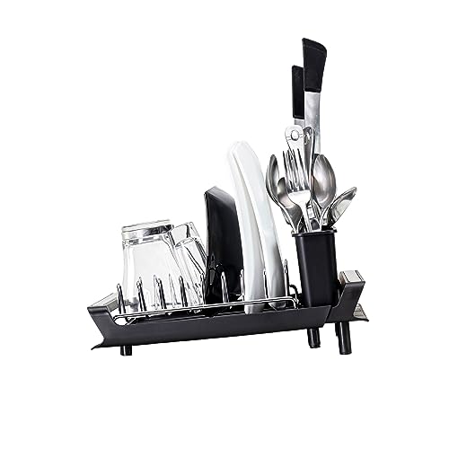 Erreke Small Dish Drying Rack, Compact Dish Drying Rack, Small Dish Rack, Drains into Sink, Non-Slip Feet, Expandable Adjustable Size 11x8 inches (Black)