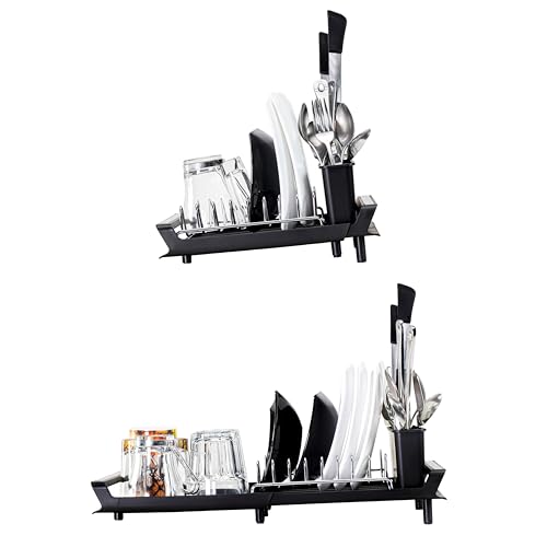 Erreke Small Dish Drying Rack, Compact Dish Drying Rack, Small Dish Rack, Drains into Sink, Non-Slip Feet, Expandable Adjustable Size 11x8 inches (Black)