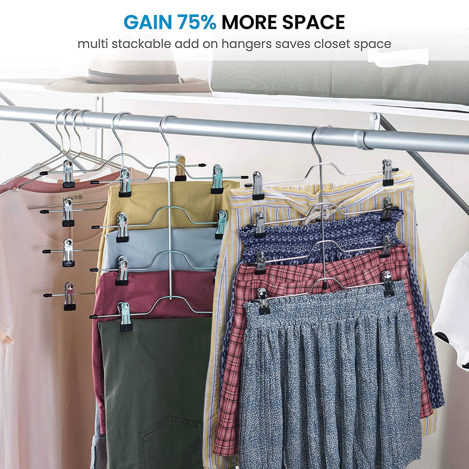 Zober Space Saving 4 Tier Skirt Hanger with Adjustable Clips (3 Pack) 4-on-1 Hanger, GAIN 50% More Space, Reliable Non Slip Grip, Durable Metal Pants Hanger Great for Slack, Trouser, Jeans, Towels Etc