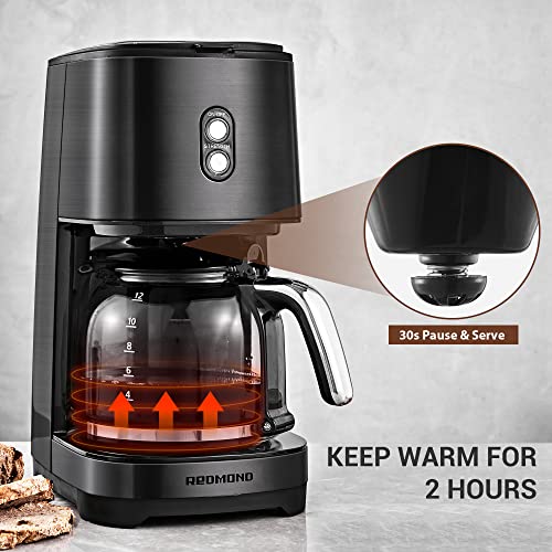 REDMOND 12 Cup Coffee Maker, Drip Coffee Machine with Reusable Filter, Brew Strength Control, 2 Hours Keep Warm Function, Anti-Drip System - Black