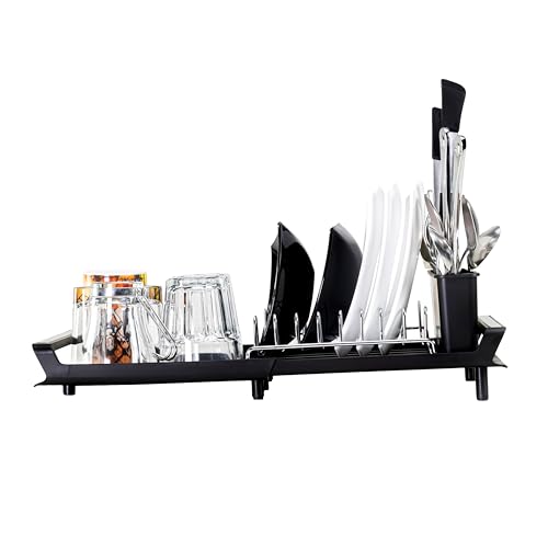 Erreke Small Dish Drying Rack, Compact Dish Drying Rack, Small Dish Rack, Drains into Sink, Non-Slip Feet, Expandable Adjustable Size 11x8 inches (Black)
