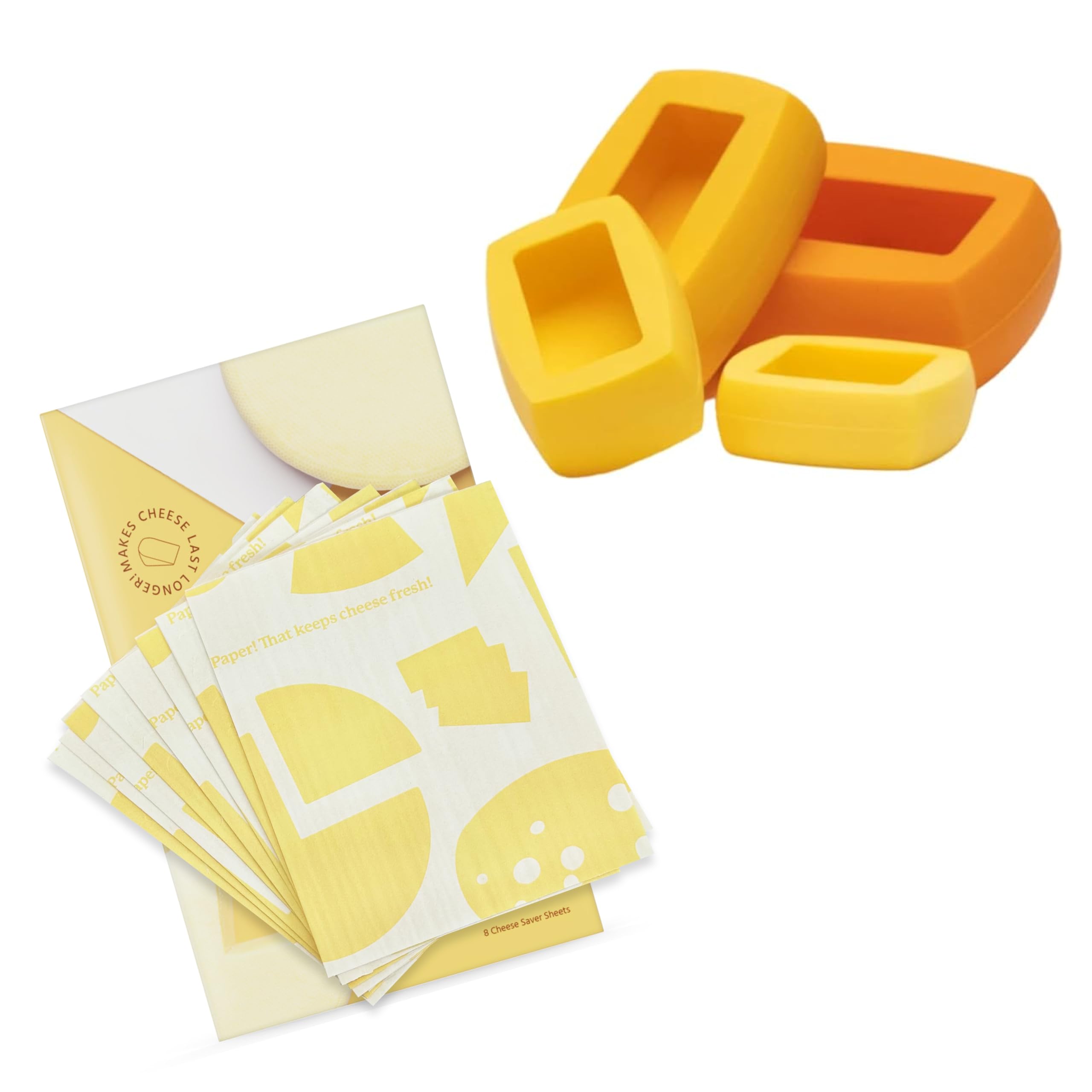 MightyNest Cheese 4 Piece Silicone Food Storage Set and Fresh Paper Cheese Wrap Sheets | Airtight Seal Replaces Plastic Wrap | Prevents Food Waste