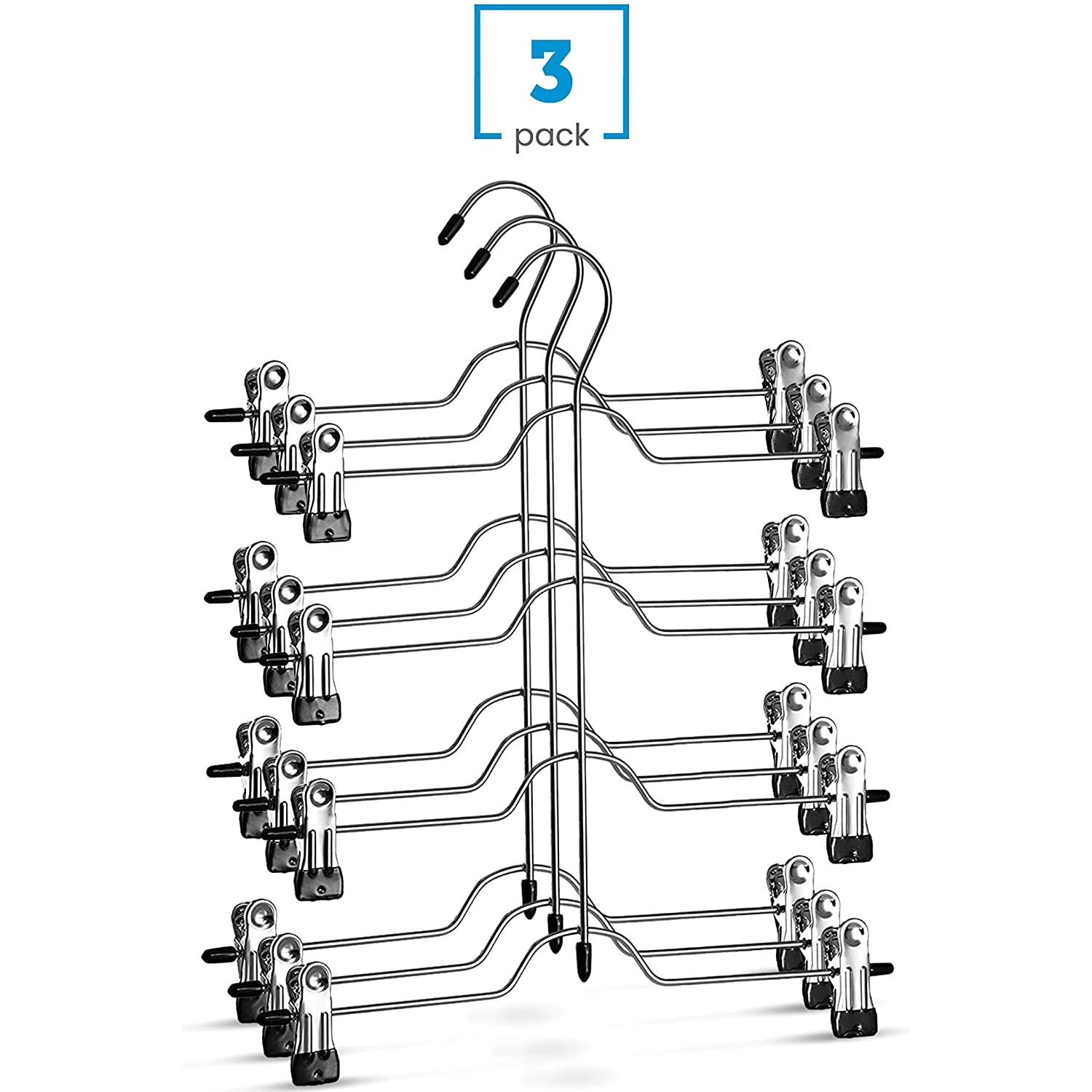 Zober Space Saving 4 Tier Skirt Hanger with Adjustable Clips (3 Pack) 4-on-1 Hanger, GAIN 50% More Space, Reliable Non Slip Grip, Durable Metal Pants Hanger Great for Slack, Trouser, Jeans, Towels Etc