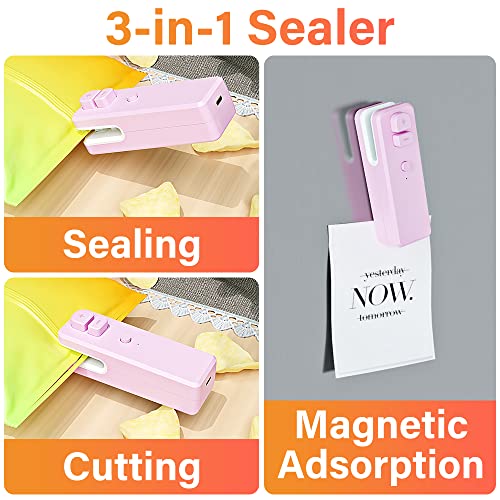 Uluck Mini Bag Sealer,Rechargeable Handheld Plastic Bag Resealer, 3 in 1 Heat Sealer and Cutter,Comes with USB C Cable Power Cable for Chip Bags, Plastic Bags, Snack Bags(No battery required) (Pink)