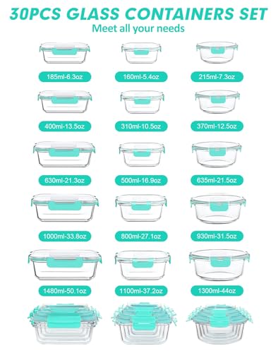 VERONES 30 Pieces Glass Meal Prep Containers Set, Airtight Glass Lunch Containers, Stackable Glass Food Storage Containers with Lids, for Microwave, Oven, Freezer & Dishwasher Friendly,Green