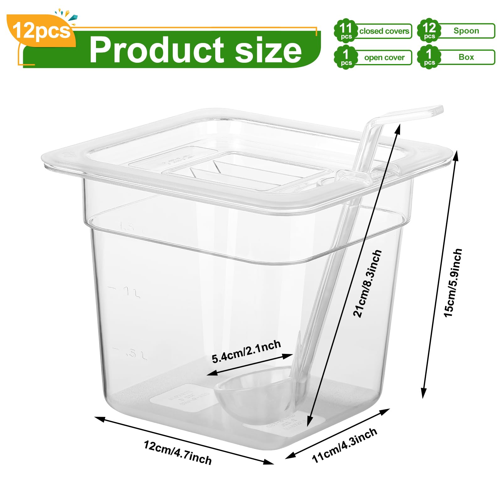PYQTH 12 Pack Plastic Food Pan with Lids 1/6 Size 6'' Deep Restaurant Food Containers Stackable Clear Polycarbonate Commercial Hotel Pans with 1 Plastic Spoon for Fruits Vegetables