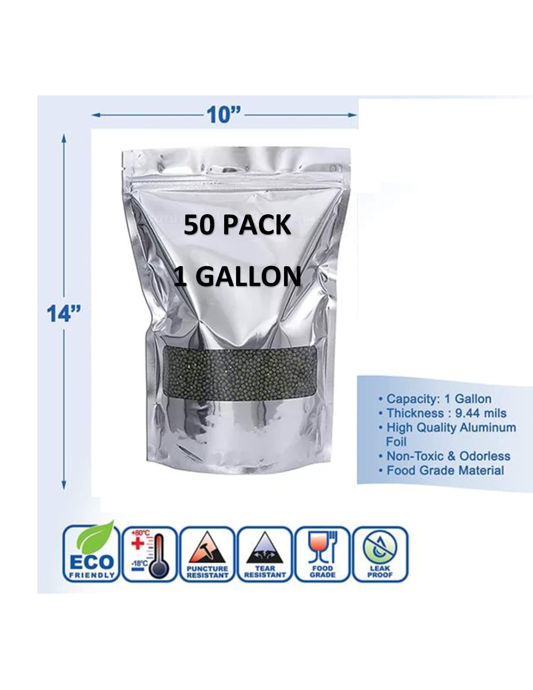 50 Pcs Mylar Bags for Food Storage with Clear Window 1 Gallon 10x14 Inches for Long Term Food Storage