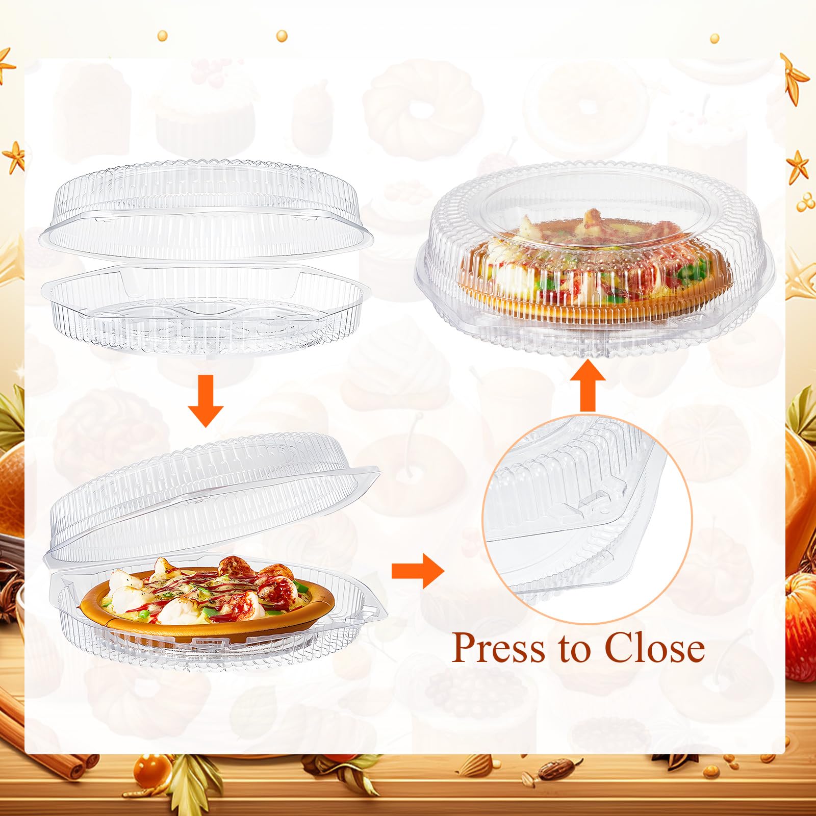 Soaoo 100 Pcs 9'' Plastic Disposable Pie Containers with Hinged Locking Lids Clear Flan Containers with Lids Round Pie Keeper Dessert Containers for Takeout Boxes Food Cake Doughnut Flan Storage
