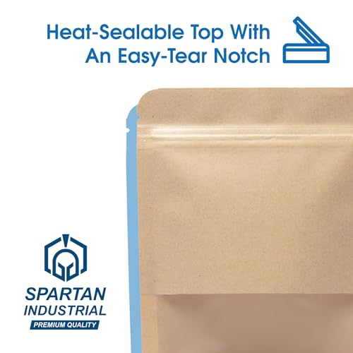 Spartan Industrial - 5" X 8" Kraft Zip Top Food Storage Bags - Pack of 100 Smell-Proof Resealable Pouches for Packaging Coffee, Tea, Spices, Snacks, and More