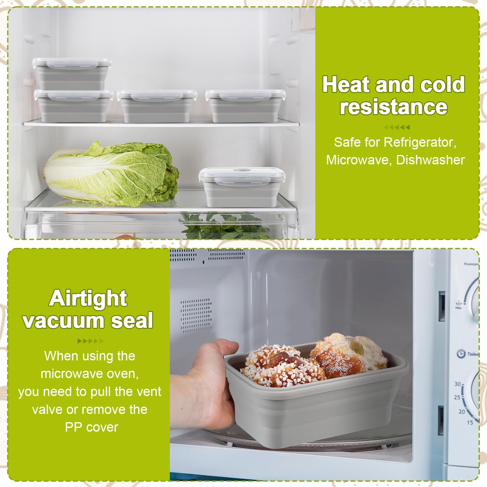 Mifoci Set of 8 Silicone Collapsible Food Storage Containers 17 oz Collapsible Meal Prep Container Square Bowl with Vent Lids, Microwave, Freezer and Dishwasher Safe(Gray)