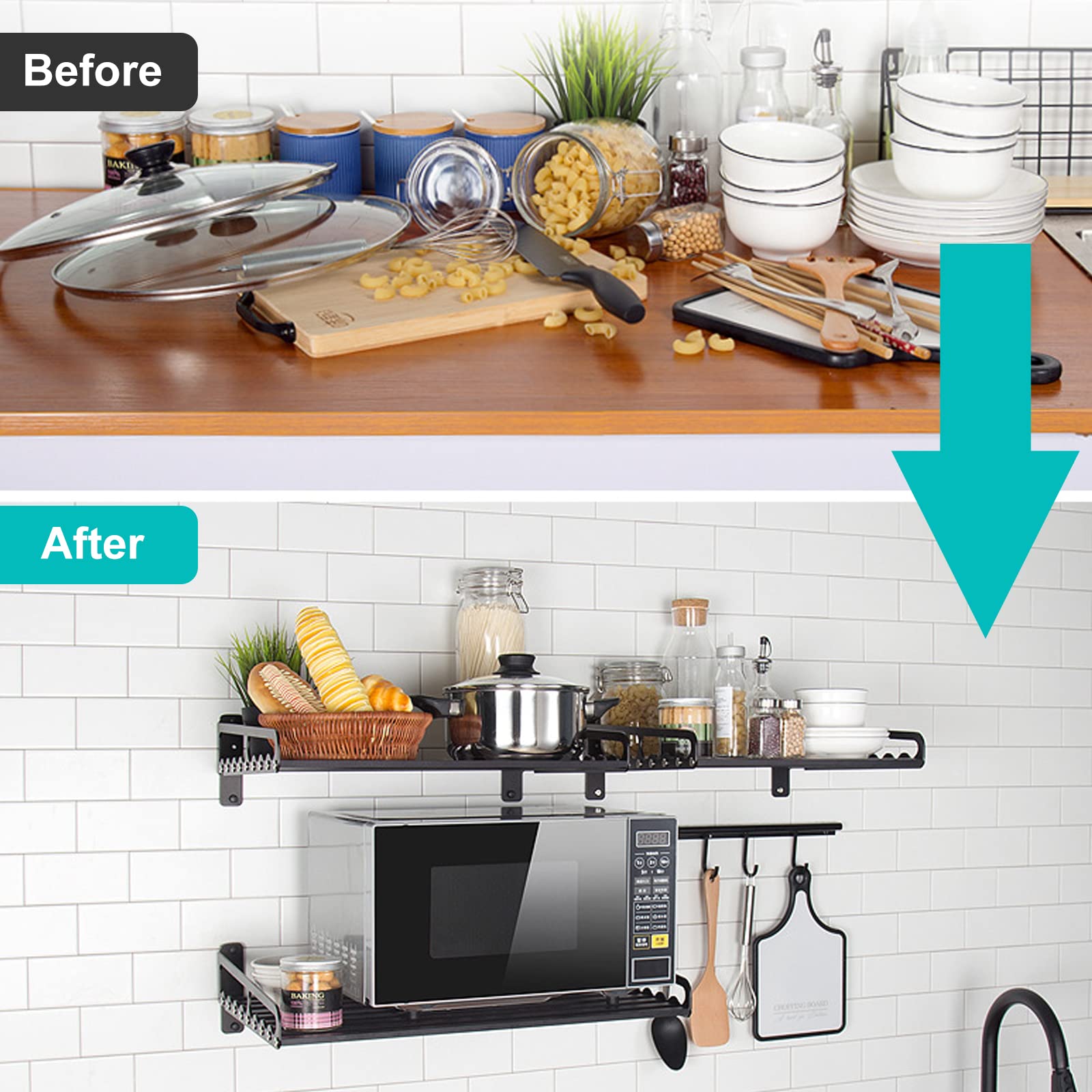 Goyappin Microwave Oven Rack, 23.58“x15.52“ Shelf for Microwave Wall Mount, Wall-Mounted Electric Oven Holder Shelf Kitchen Wall Pot Pan Rack Weight Bearing 80 lbs for Electric Oven Microwave