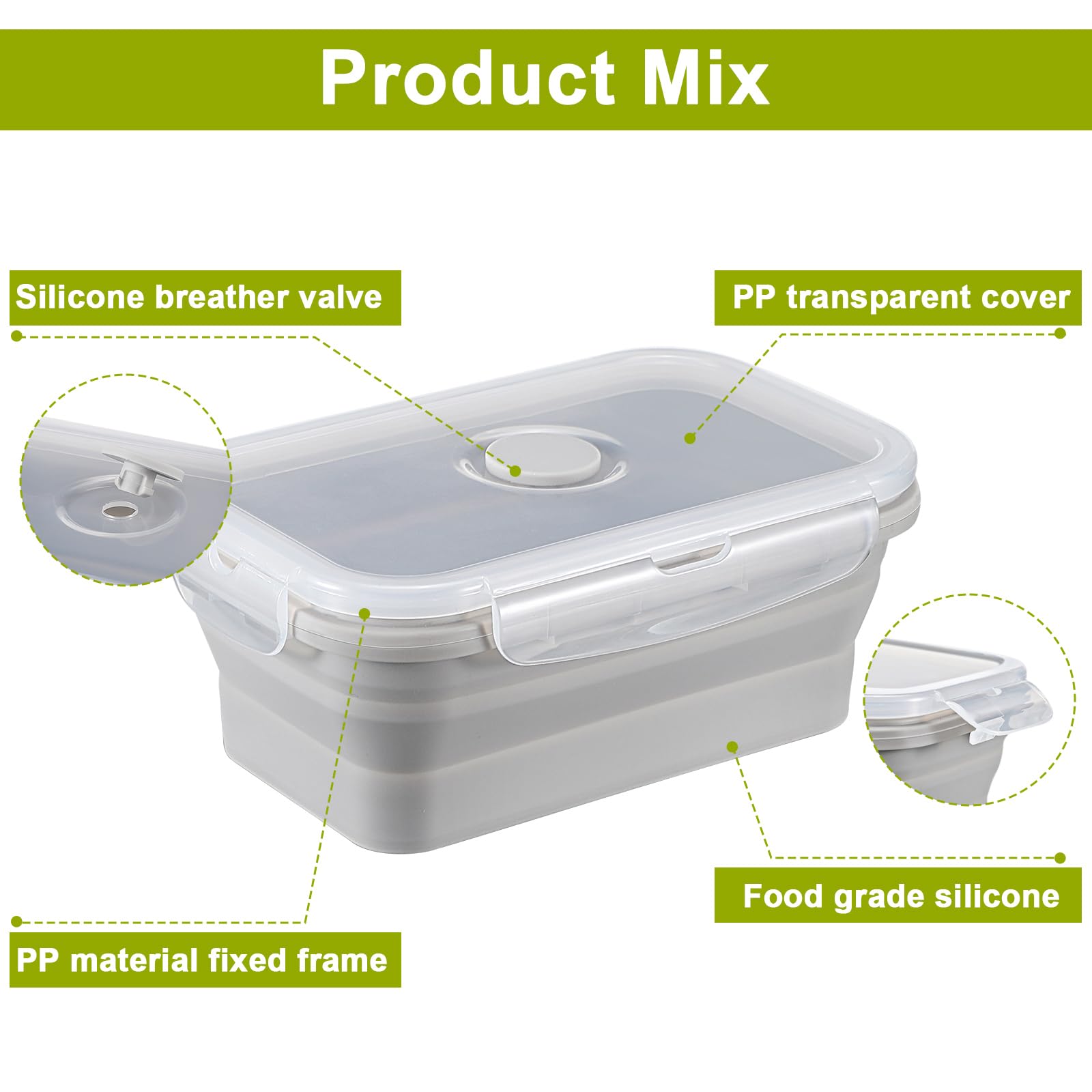 Mifoci Set of 8 Silicone Collapsible Food Storage Containers 17 oz Collapsible Meal Prep Container Square Bowl with Vent Lids, Microwave, Freezer and Dishwasher Safe(Gray)