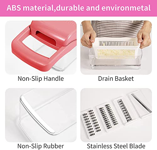 Artbros Vegetable Chopper Onion Chopper - 12 in 1 Multi-Functional Mandoline Slicer Vidalia Chop Wizard Veggie Fruit Dicer Cutter with Colander Basket and Container - Pink