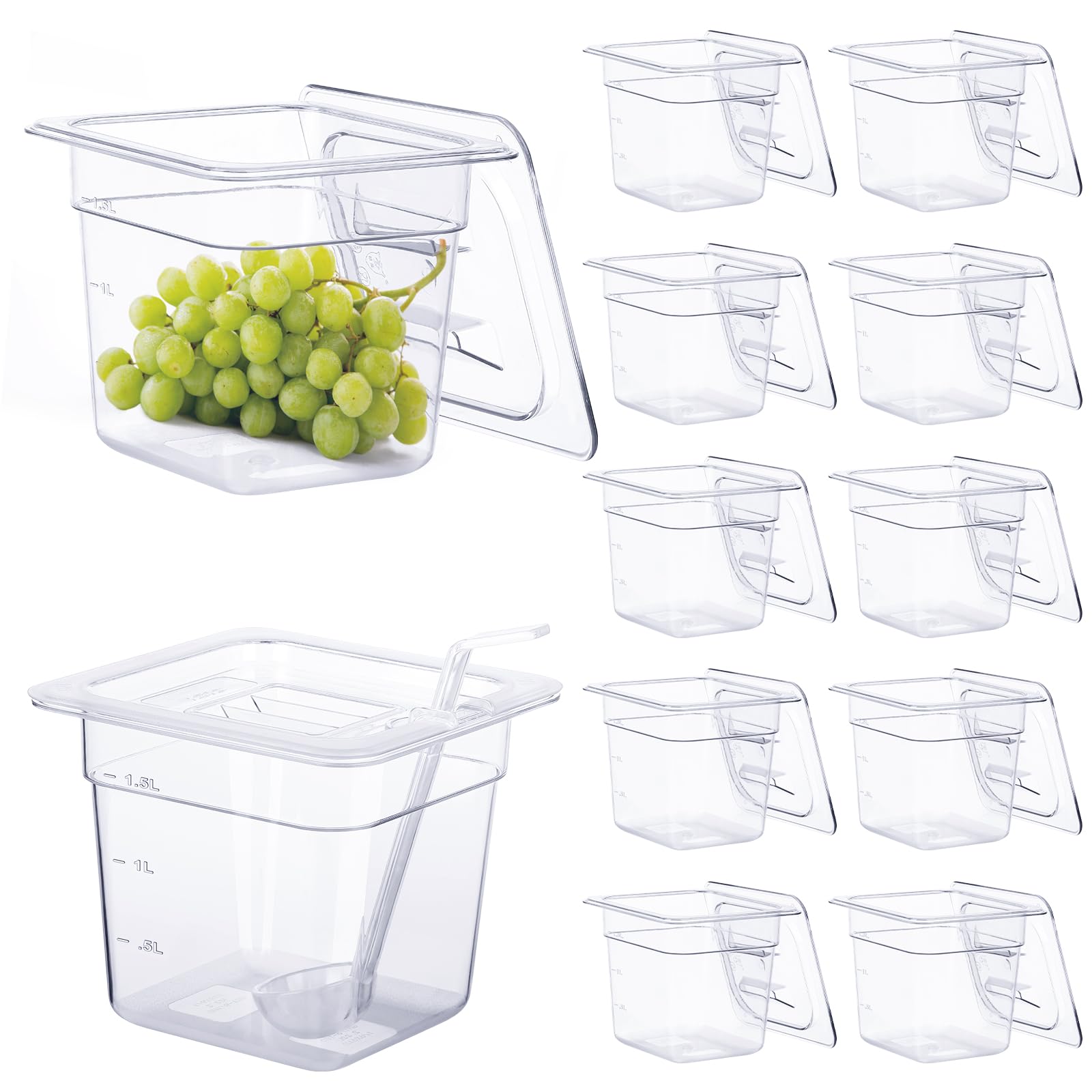 PYQTH 12 Pack Plastic Food Pan with Lids 1/6 Size 6'' Deep Restaurant Food Containers Stackable Clear Polycarbonate Commercial Hotel Pans with 1 Plastic Spoon for Fruits Vegetables