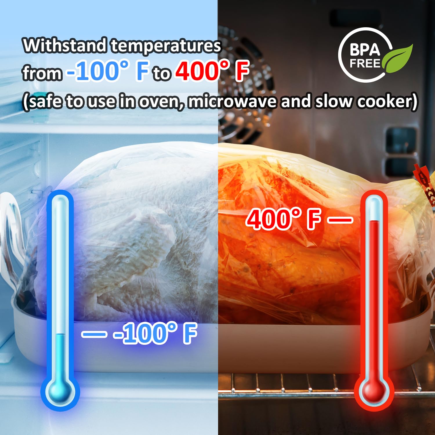 25 Count Ebelbo Nylon Turkey Oven Bags, 19x23.5 Inch Large Size BPA Free up to 400°F for Meats Chicken Seafood Vegetables Cooking Roasting Freezer