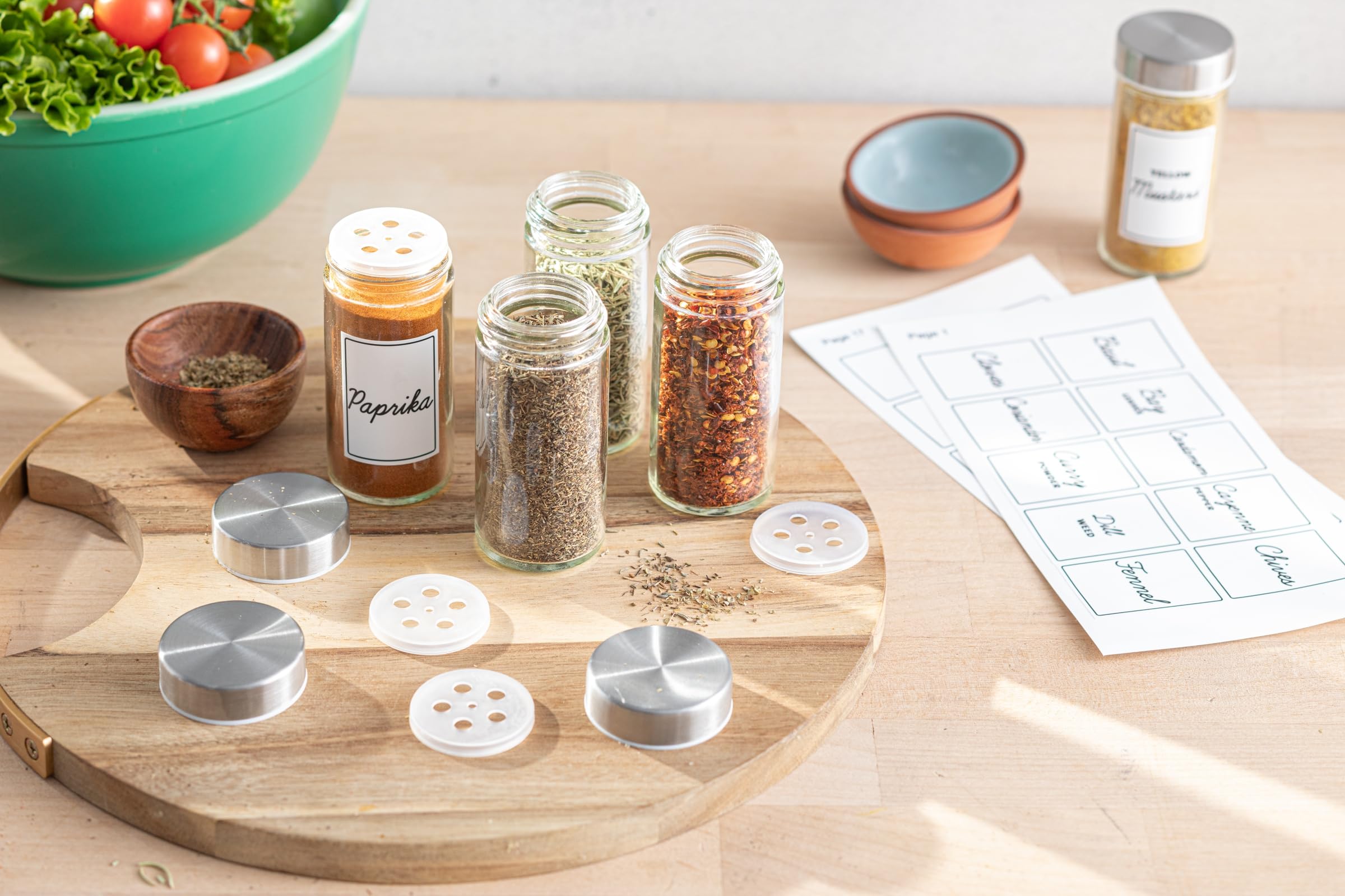 Orii 24 Glass Spice Jars with Stainless Steel Lids, 70 Spice Labels and Funnel, Seasoning Storage Bottles for Spice Rack, Cabinet, Drawer, Pantry
