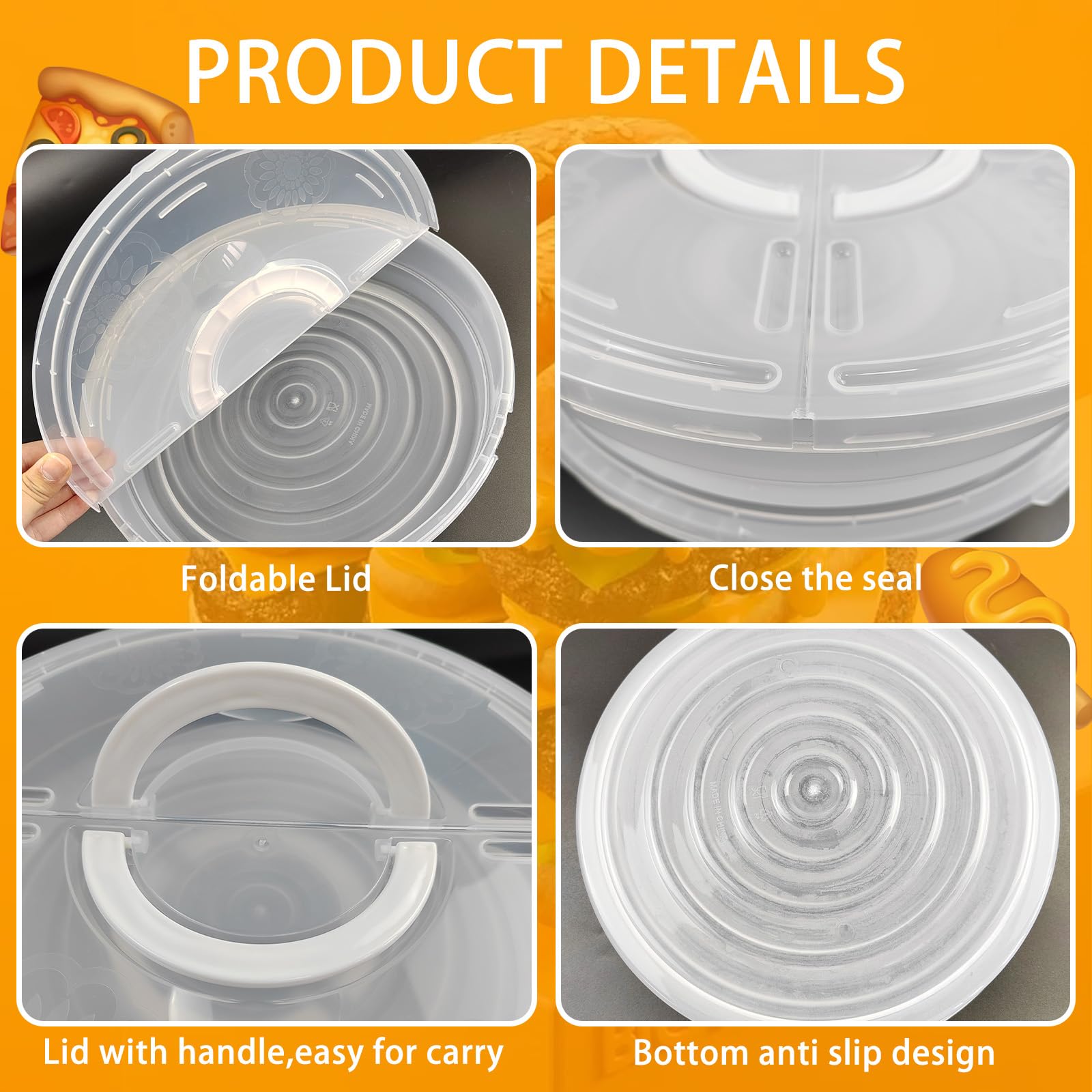 Wensdr 3 Packs 12in Clear Food Storage Container with Lid and Handle Pie Pizza Carrier Container Sets Reusable Two Sided Food Serving Keeper